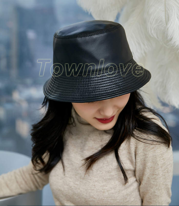 Men Women Genuine Leather Bucket Hat Sheepskin Black Cap Fashion | eBay