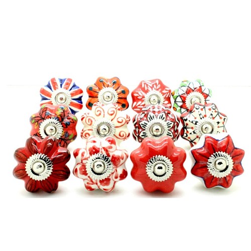 12 X Ceramic Kitchen Cabinet Door Décor Red And Green Embossing Knob ...