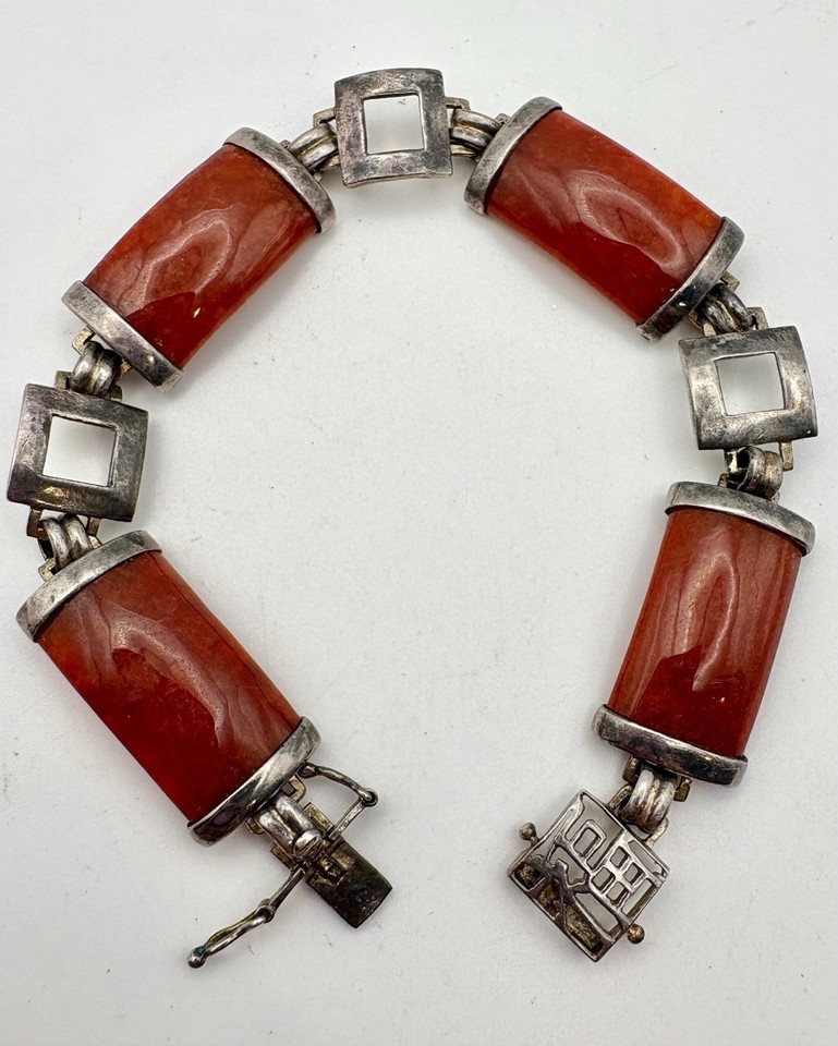 Vintage Sterling silver and Rust colored Jade bracelet Hong Kong Lucky ...