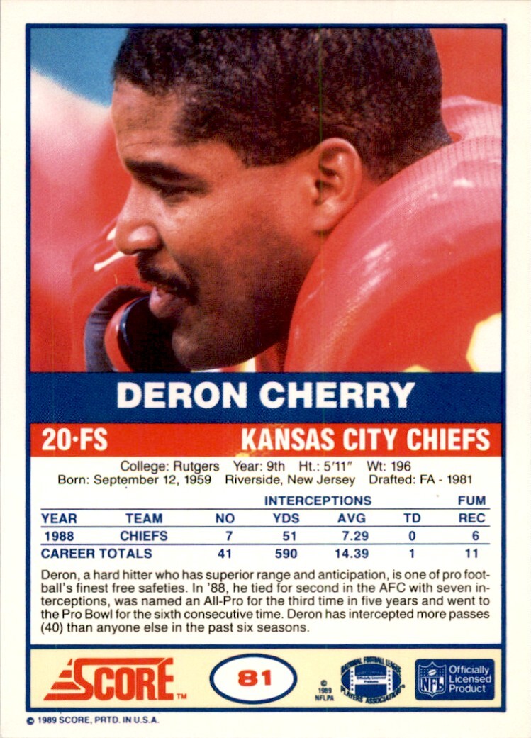 1989 SCORE DERON CHERRY KANSAS CITY CHIEFS #81 | eBay