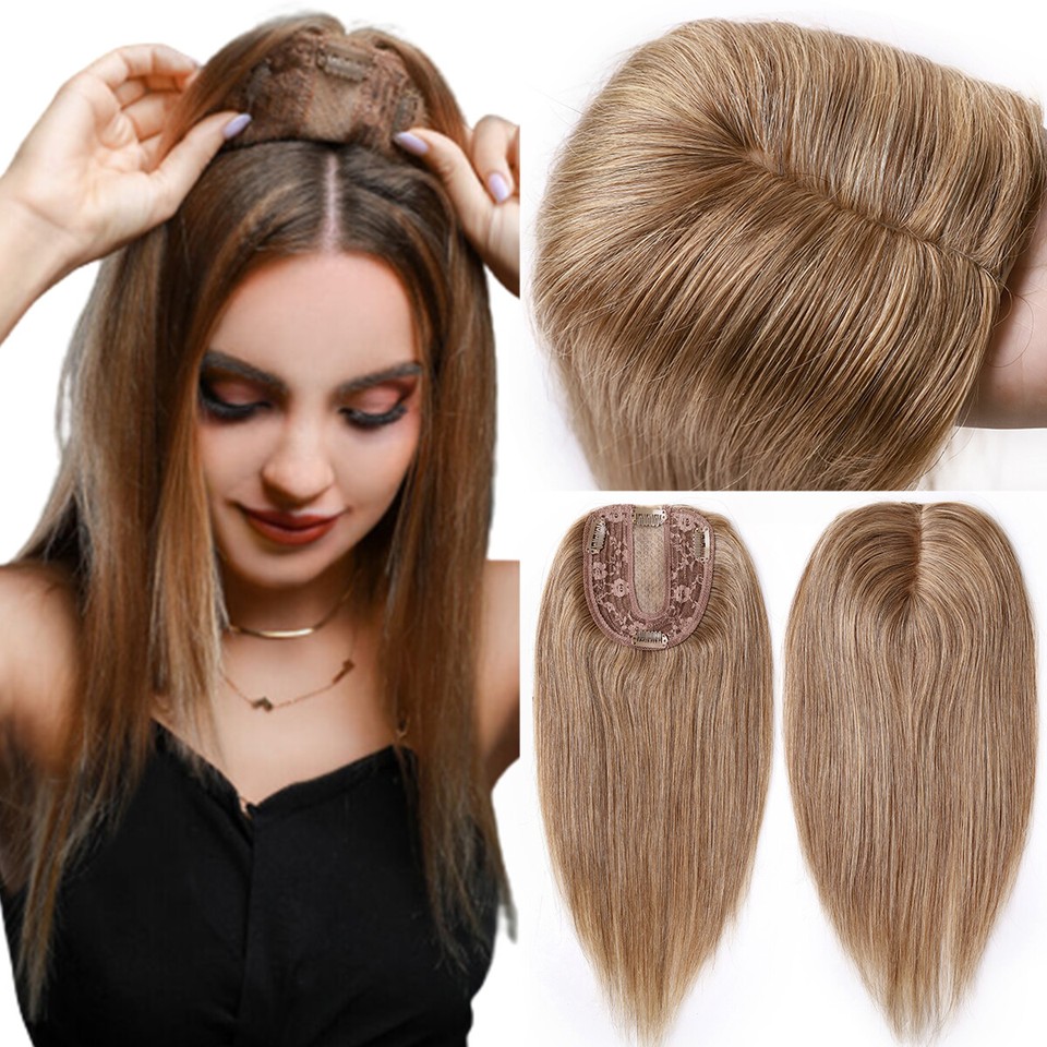 Real Remy Human Hair Toppers Toupee Extensions Clip in Top Middle Part ...