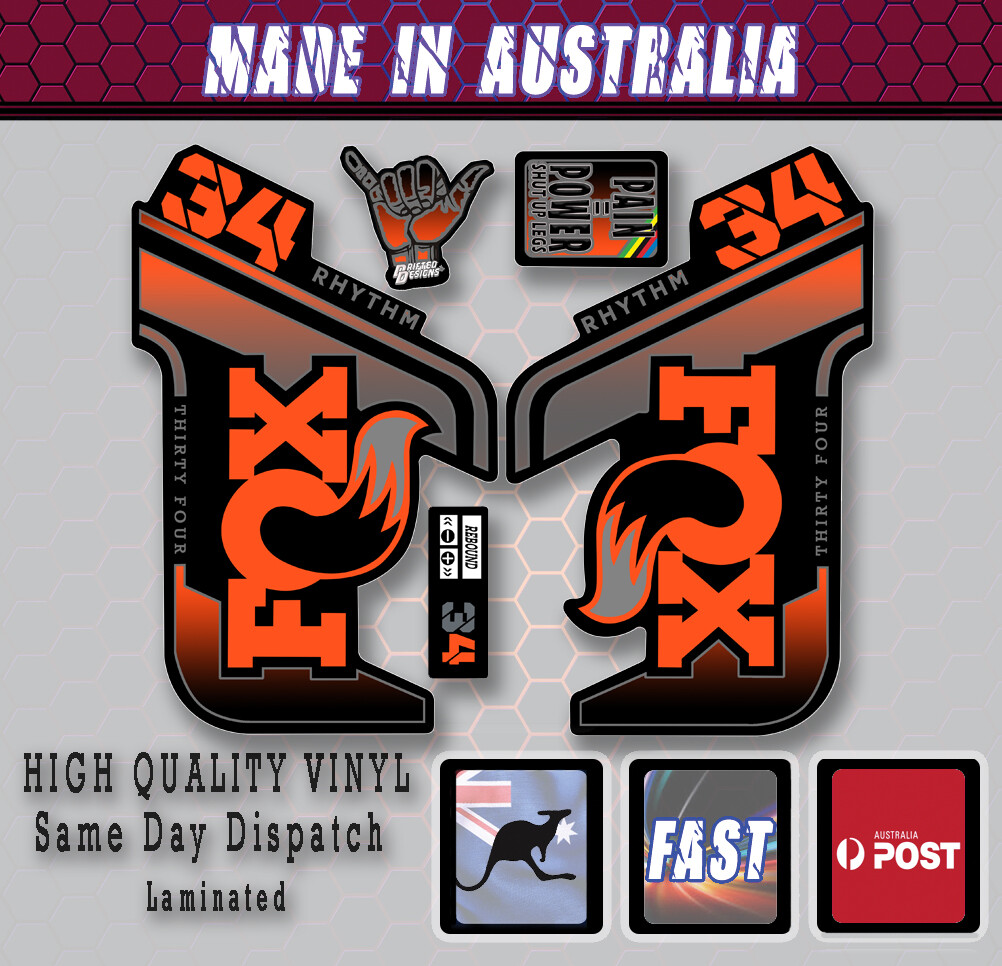FOX RHYTHM 34 STYLE Fork Decals Stickers Orange fade /Grey /black ...