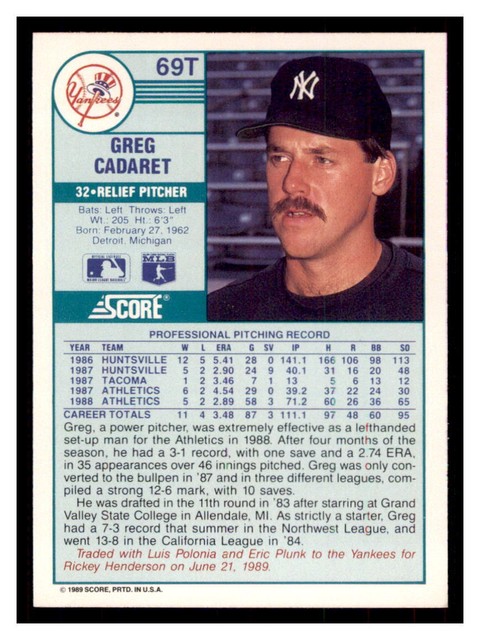 1989 Score Rookie & Traded - #69T Greg Cadaret for sale online | eBay