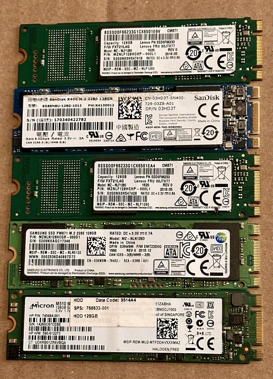 LOT of 5 assorted M.2 Sata 128GB SSD wiped & tested | eBay