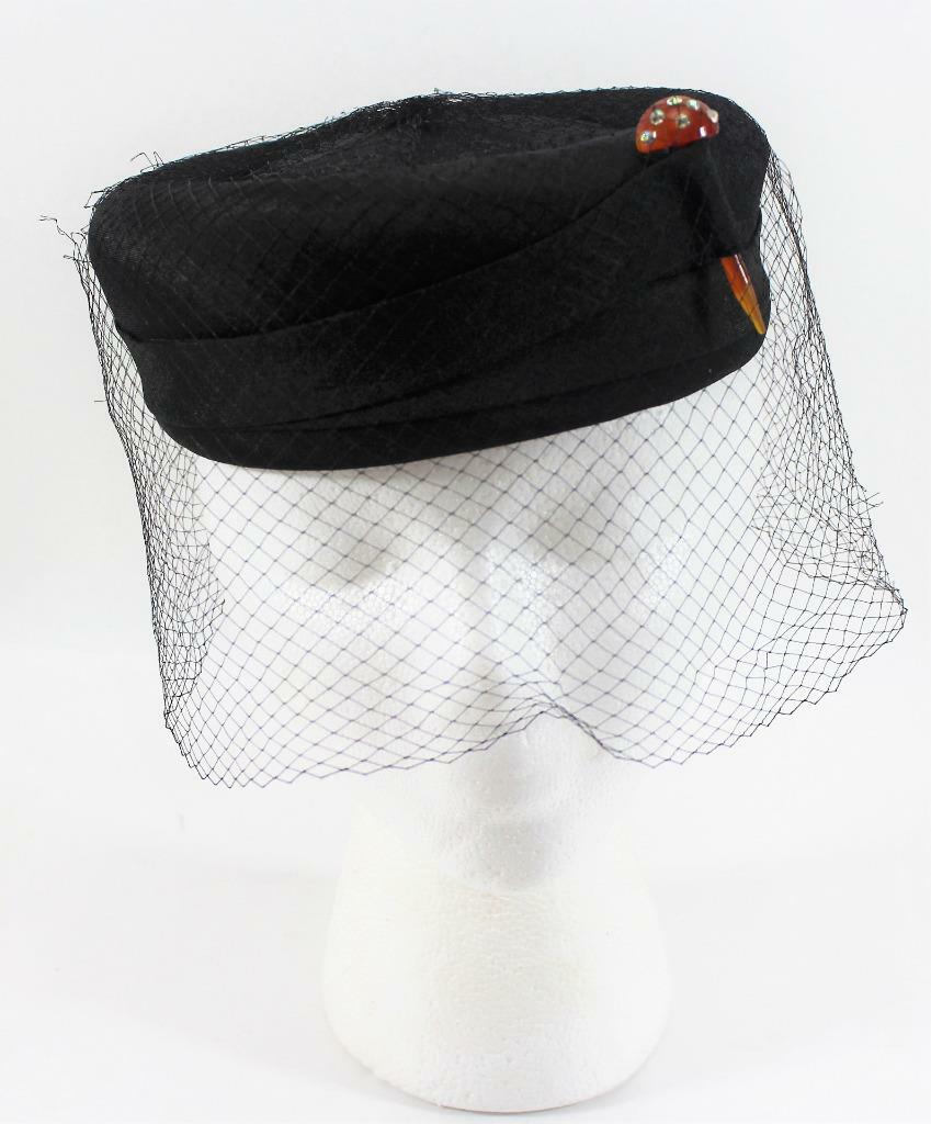 Vintage Fisk Black Pillbox Style Hat with Netting and… - Gem