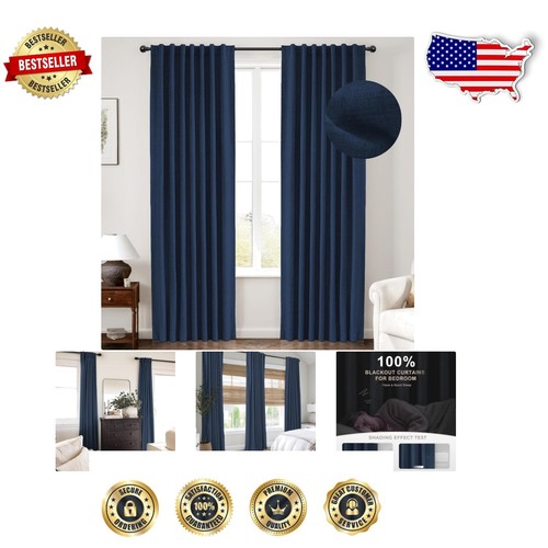 Midnight Blue Linen Blackout Curtains - 2 Panels, 96in Length for ...