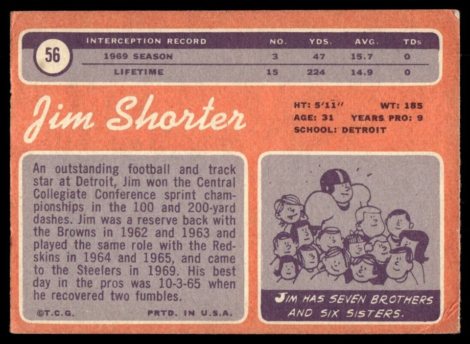 1970 Topps Football Card Jim Shorter Pittsburgh Steelers #56 VG | eBay