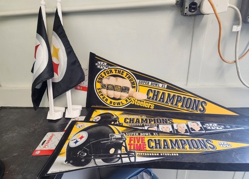 3 Pittsburgh Steelers Super Bowl XL Champions Pennants and 2 Car Flags ...
