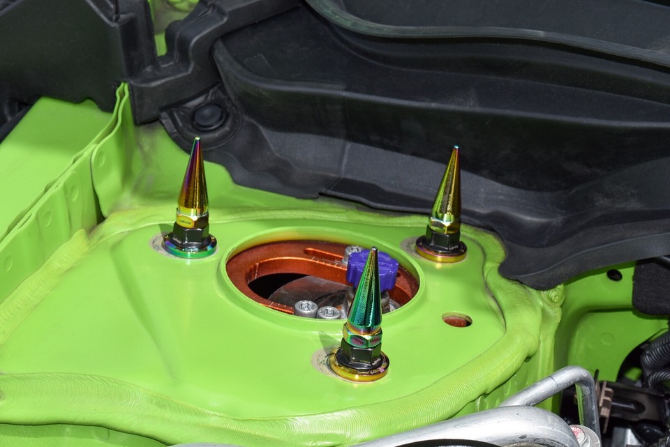 4 VMS RACING STRUT TOWER SPIKES + RED WASHERS & BLACK FLANGED NUTS FOR ...