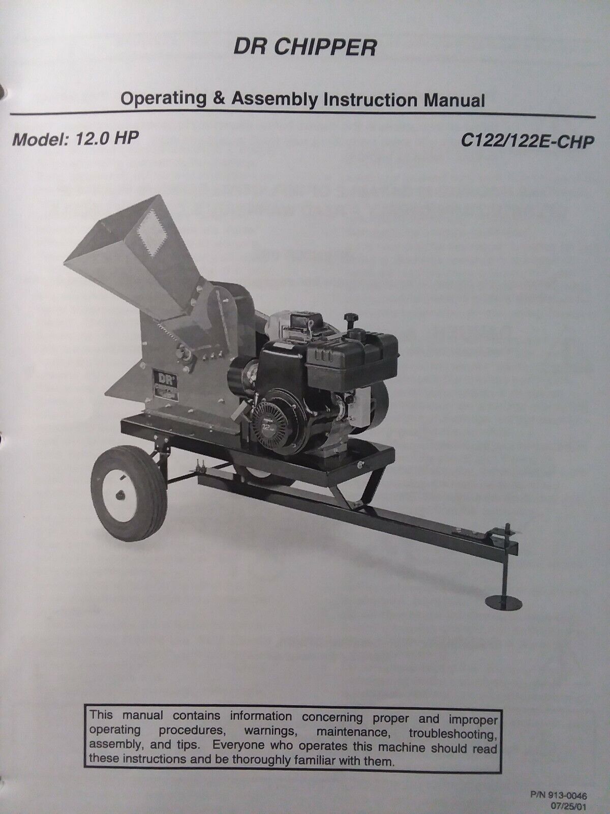 DR 12.0 hp Trailered Shredder Chipper Lawn Garden C122E-CHP Owner ...