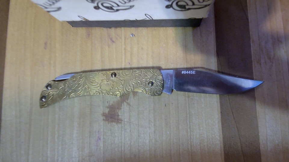 Vintage 1996 Queen Steel #8445E Lockback Knife Engraved Brass Handle ...