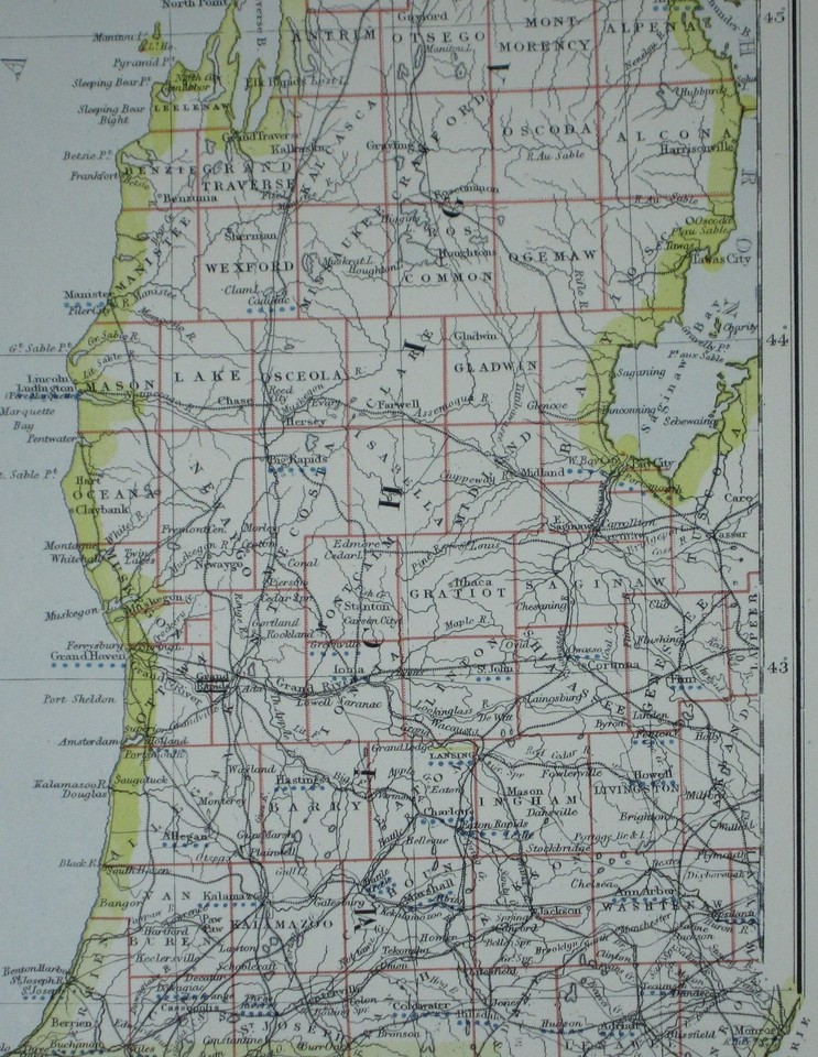 1883 LETTS MAP ~ EASTERN UNITED STATES MICHIGAN LAKE WISCONSIN CHICAGO ...