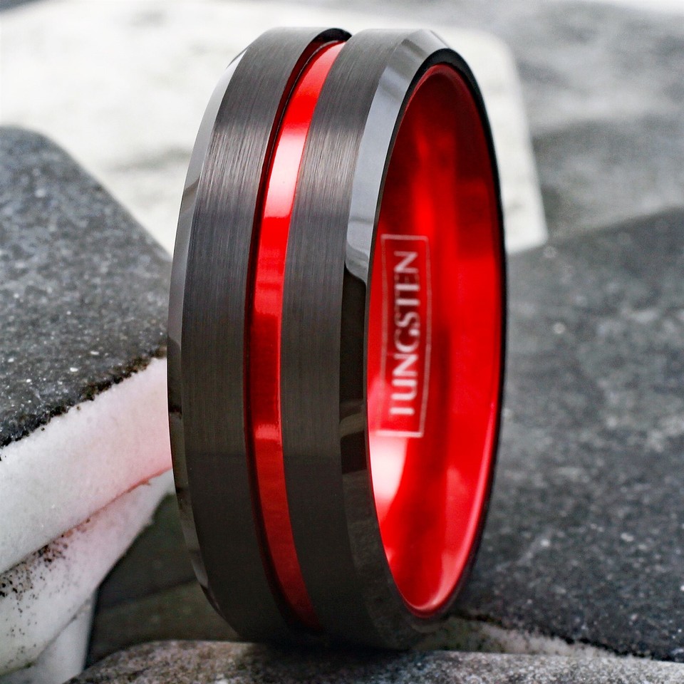 Black Tungsten Carbide Mens Thin Red Line Band Ring-Firefighters First ...