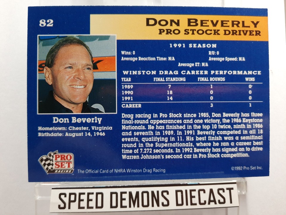 1992 Pro Set Nhra Don Beverley Trading Card #82 | eBay