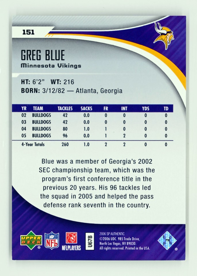 2006 SP Authentic #151 Greg Blue /1399 Rookie Minnesota Vikings | eBay