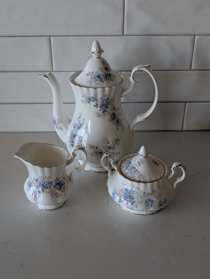 Royal Albert Blue Blossom Bone China Teapot, Creamer Sugar Bowl with ...