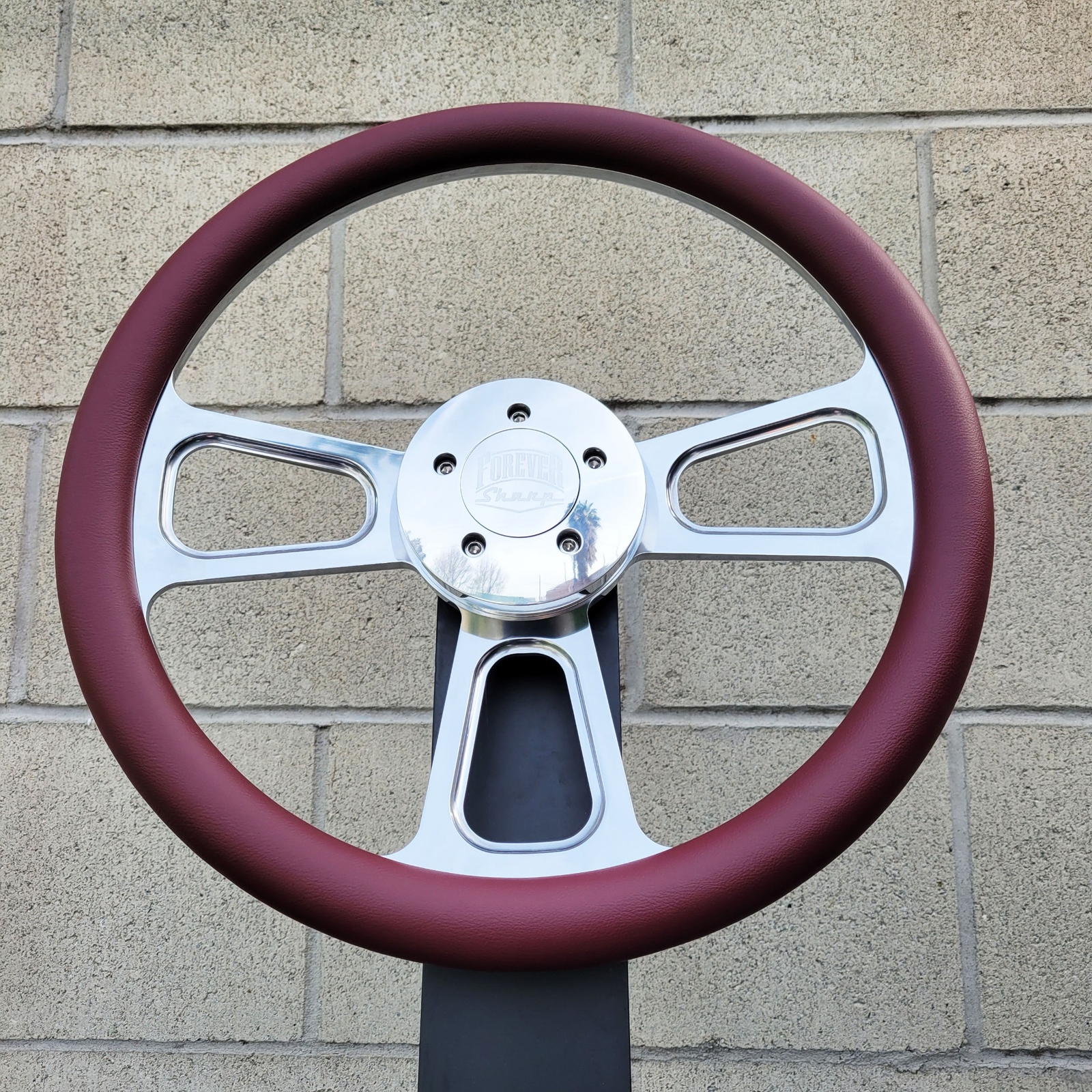 16 Inch Chrome Semi Truck Steering Wheel with Burgundy Vinyl Grip - 5 ...