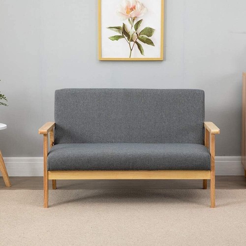 2 Seater Sofa with Sturdy Wood Frame Linen Fabric Small Couch Armchair ...