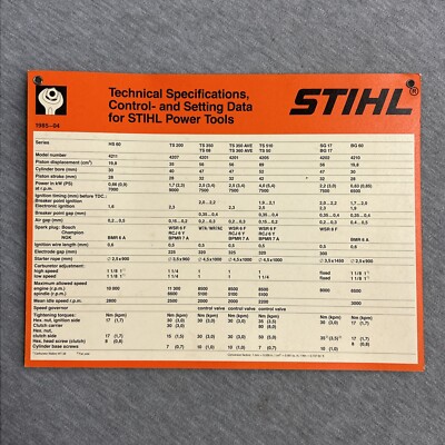 Vintage Stihl Power Tools Technical Specification Control and Setting Data Sheet | eBay