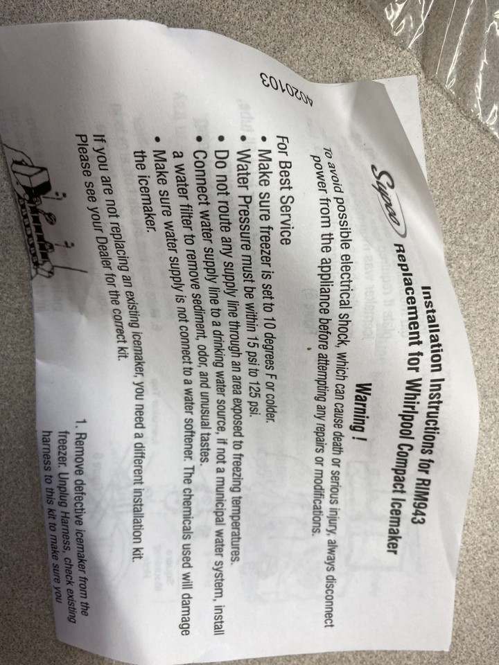 SUPCO RIM943 Ice Maker Replacement Kit Rim-943 Open Box | eBay