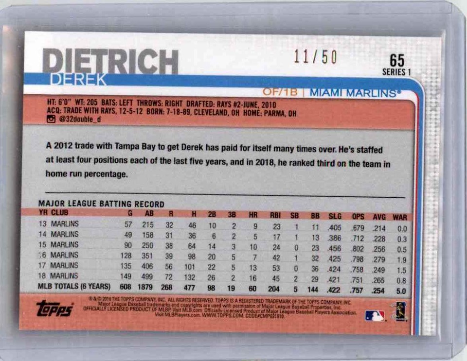 2019 Topps Mothers Day Pink Derek Dietrich 11/50 #65 | eBay