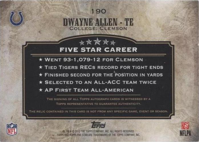 2012 Topps Five Star Dwayne Allen #190 for sale | eBay