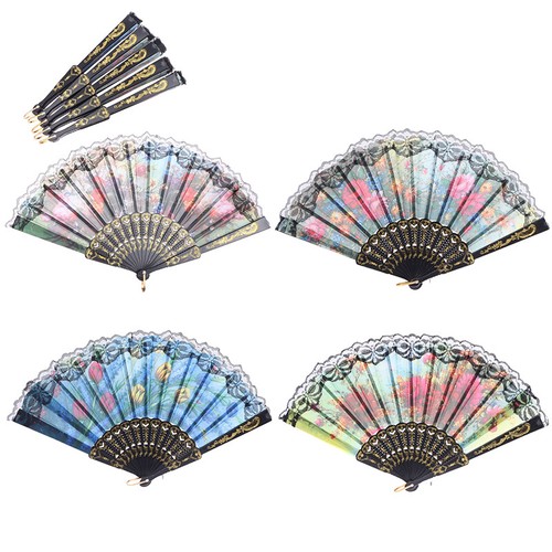 Lace Folding Fan Black Shank Classical Dance Folding Fan Ladies Fan ...