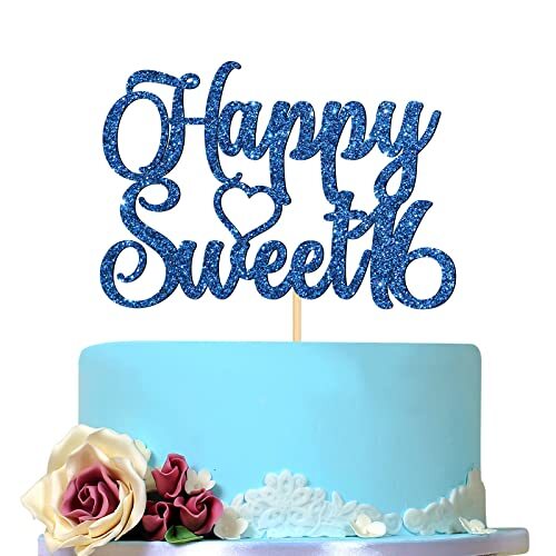 Deep Blue Glitter Happy Sweet 16 Birthday Cake Topper, Happy 16th ...