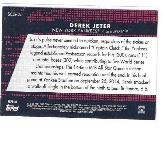 2021 STADIUM CLUB DEREK JETER REPRINT ROOKIE 1992 DRAFT PICK NEW YORK ...
