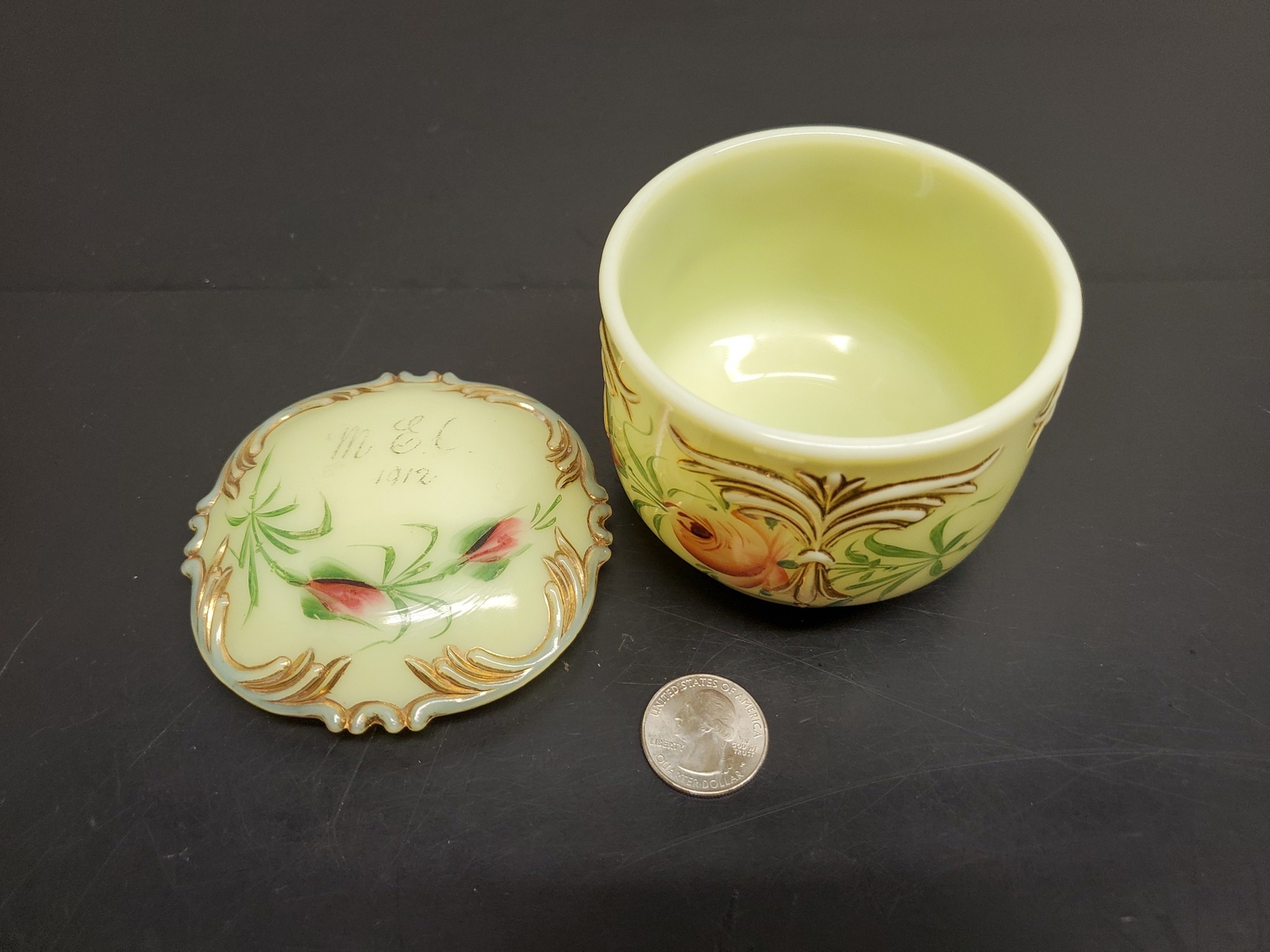 Antique 1912 Custard Glass Container W/ Ornate Lid Gorgeous Gold Flower ...