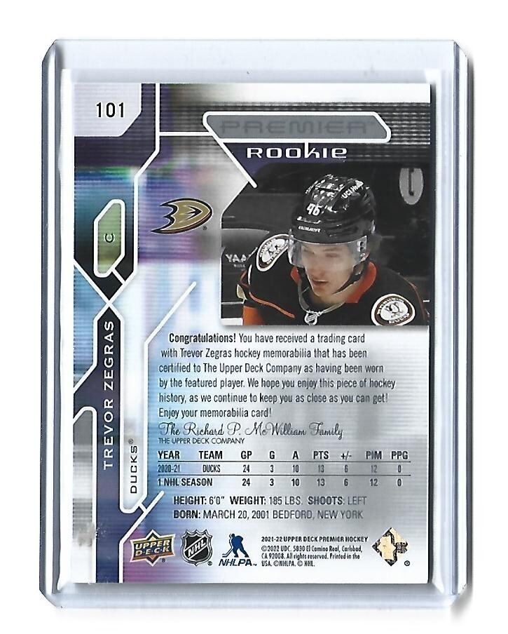 TREVOR ZEGRAS 2021-22 Upper Deck Premier #101 PLAYER-WORN ROOKIE JERSEY ...
