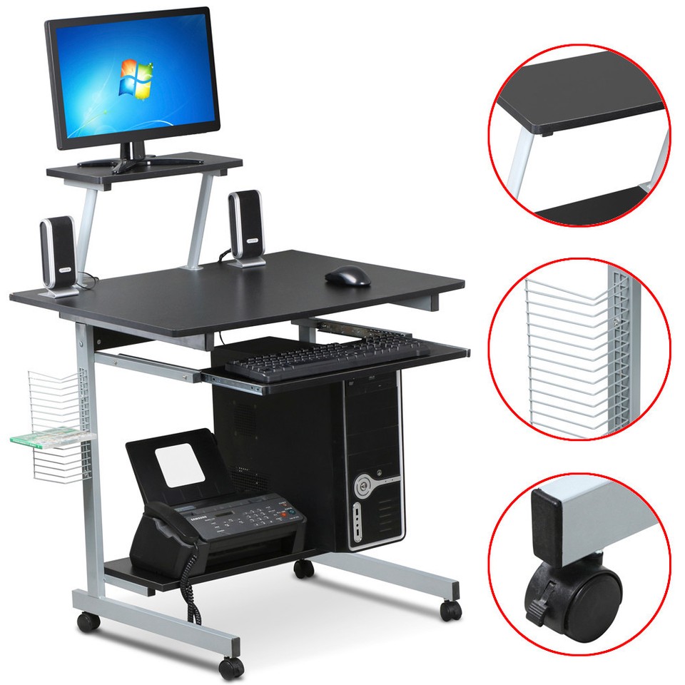 Rolling Computer Desk Workstation Writing Table w/Printer Shelf Small ...
