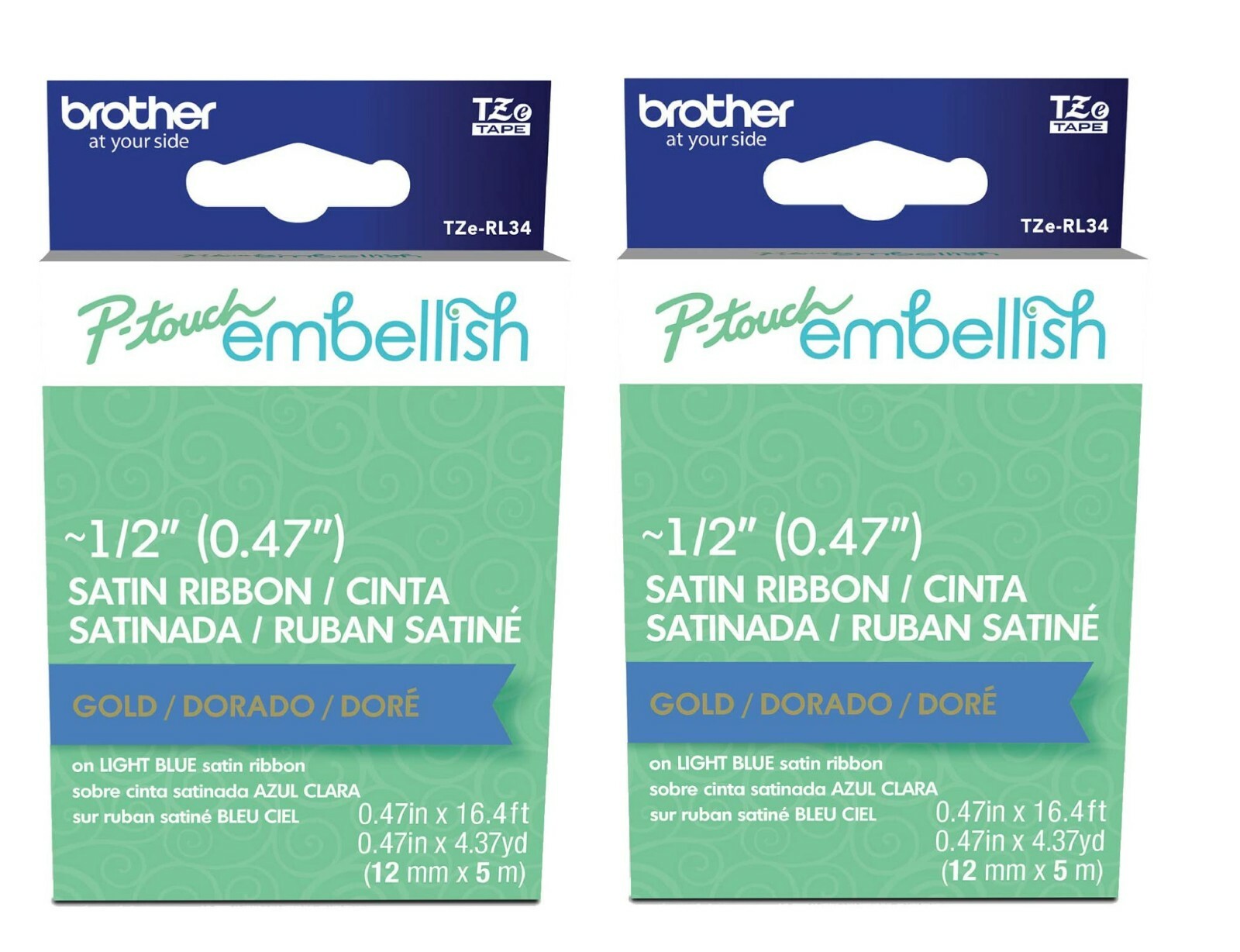 Brother P-Touch Embellish Satin Ribbon Gold on Light Blue RL34 (LOT OF ...