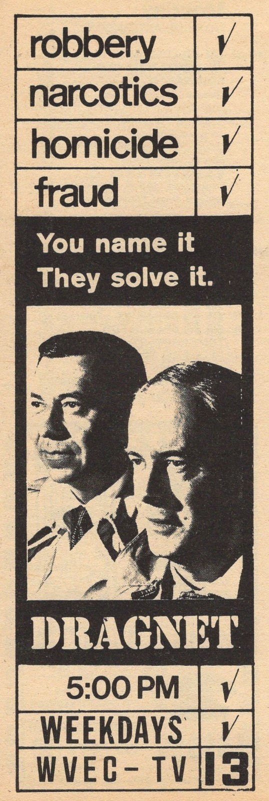 1972 WVEC TV AD DRAGNET ROBBERY HOMICIDE FRAUD NARCOTICS NORFOLK ...