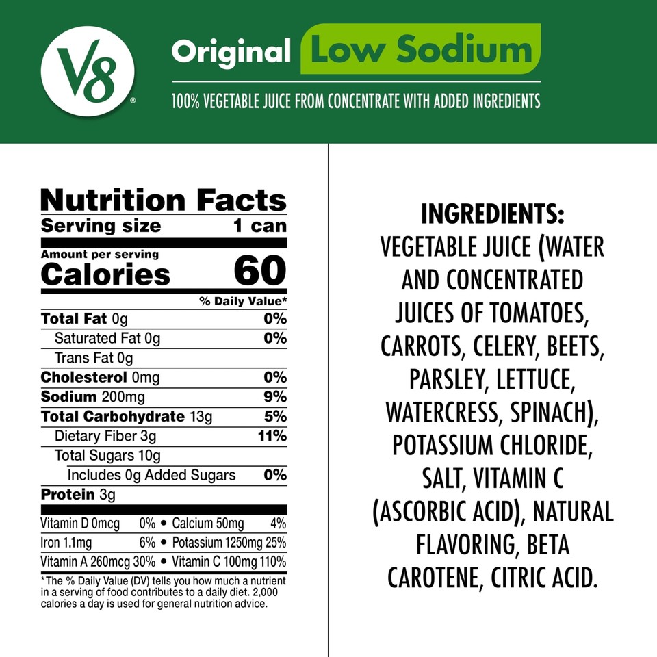V8 Low Sodium Original 100% Vegetable Juice, 11.5 fl oz Can (24 Pack ...