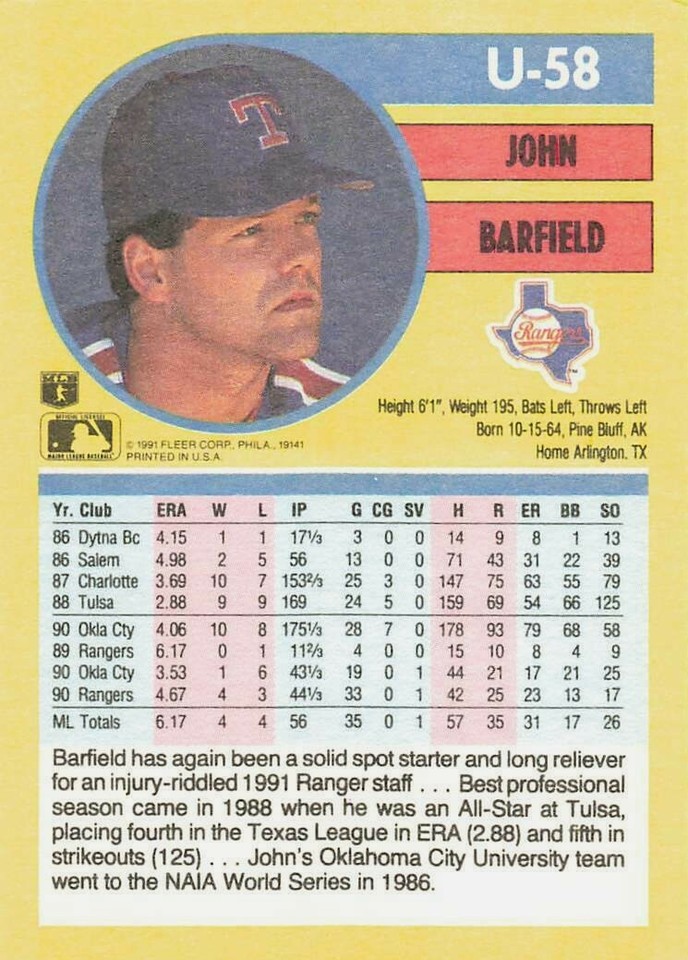 1991 Fleer Update #58 John Barfield Rangers | eBay