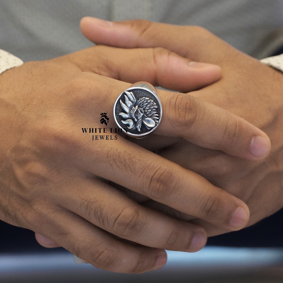 Rooster Cock Bird Chicken Men 925 Silver Signet Biker Rider Ring Gift ...