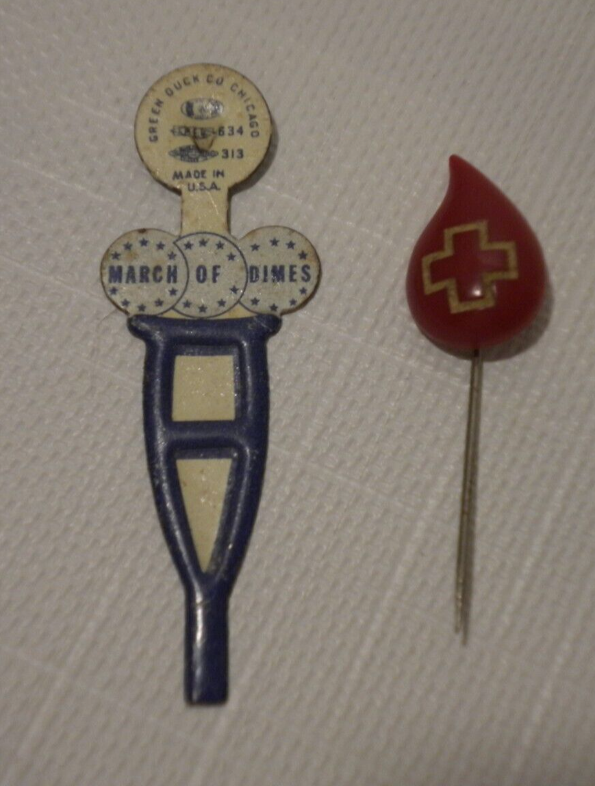 Vintage March of Dimes Crutch & Red Cross Blood Drop Pin Pins Badge ...