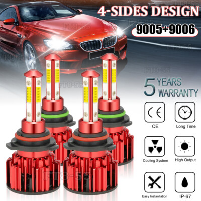4-SIDE 9005+9006 Combo LED Headlight COB 440W High/Low Beam Light Bulbs ...