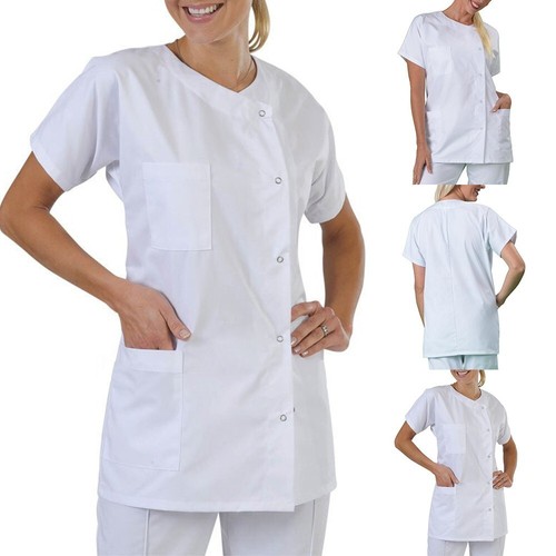 Women Men Collarless Dress Hospital Lab Coat Workwear Tops White Dress ...