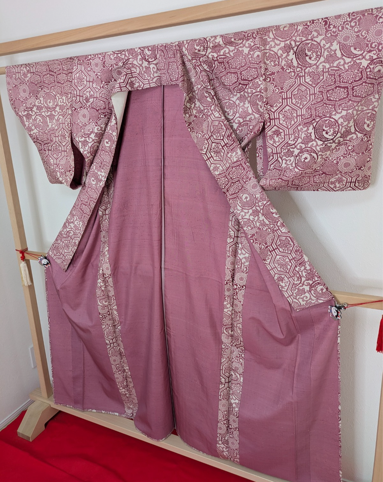 Authentic Japanese Kimono Silk Unlined Hitoe Pink Geometric Floral ...