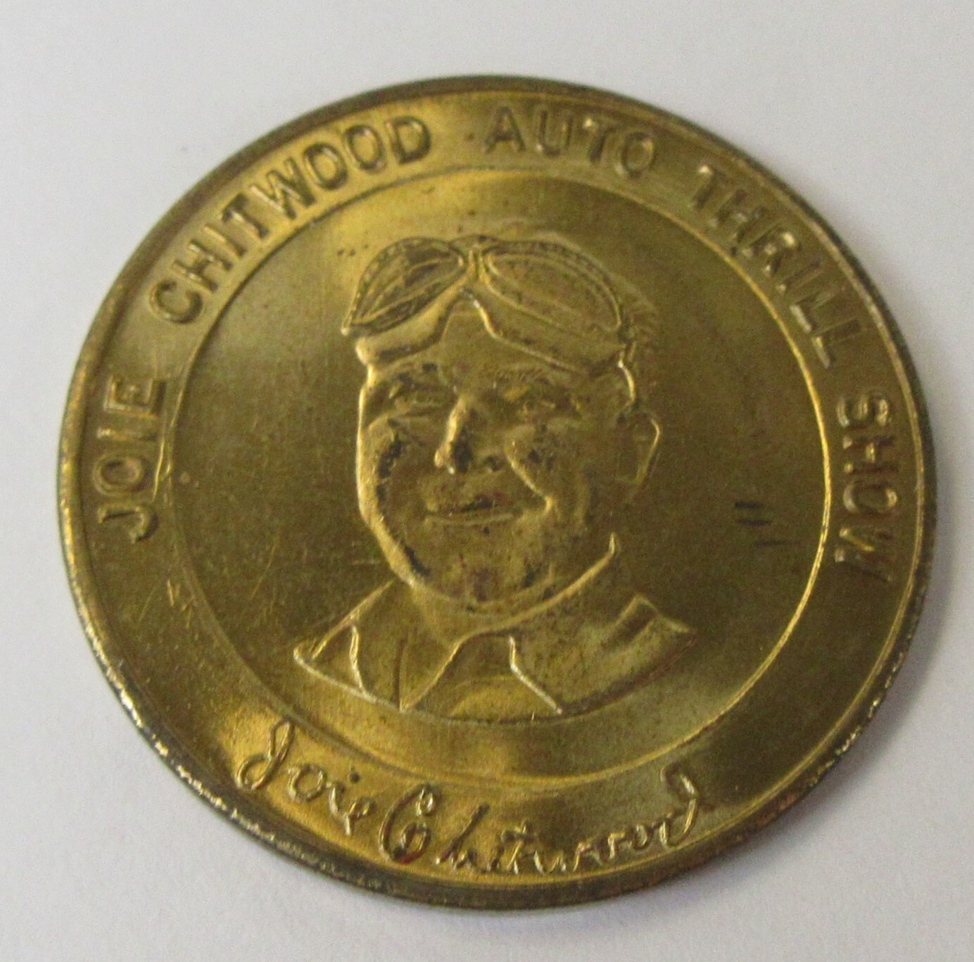 older vintage JOIE CHITWOOD AUTO THRILL SHOW racer Good Luck Coin Token ...