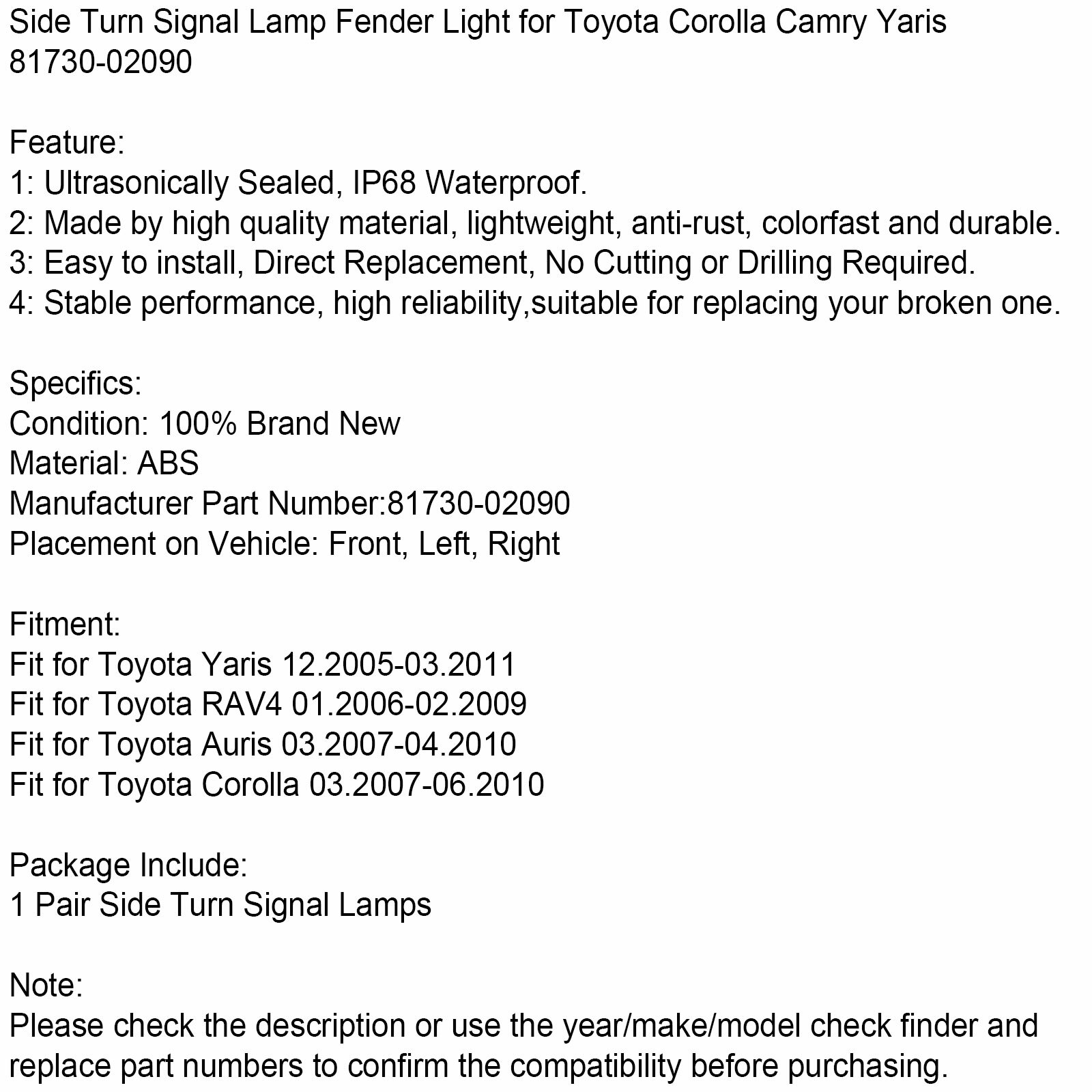 Side Turn Signal Lamp Fender Light for Toyota Corolla Camry Yaris 81730 ...