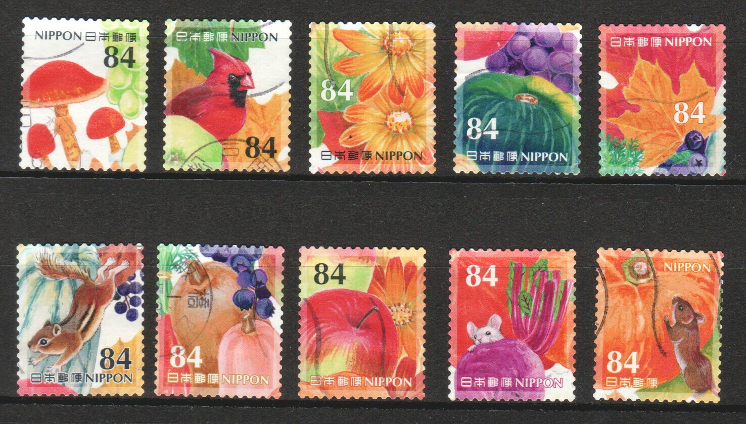 JAPAN 2019 AUTUMN GREETINGS LEAVES & FRUITS 84 YEN COMP. SET OF 10 ...