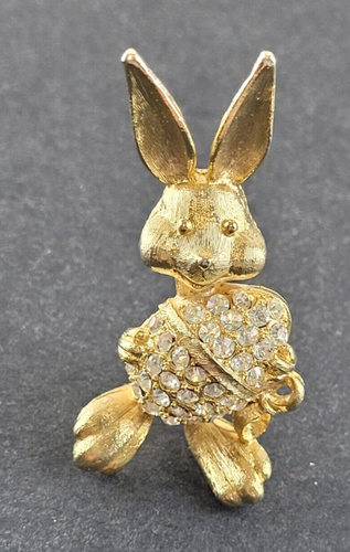 Vintage Gold Tone Clear Rhinestone Happy Rabbit Bunny Holding Easter ...