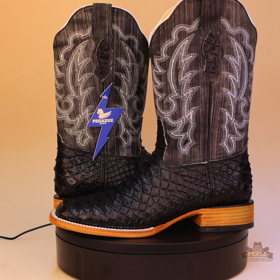MEN S COWBOY BLACK PYTHON PRINT SQUARE TOE PULL ON BOOT - Handmade in Mexico - | eBay