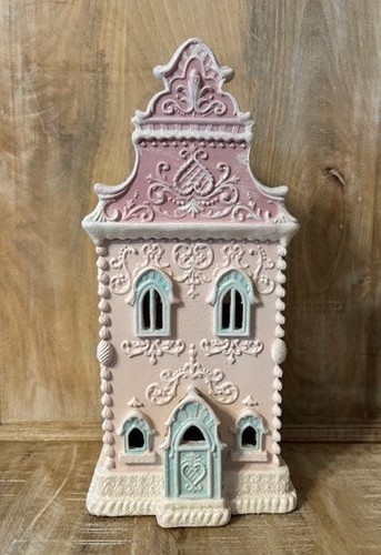 New Christmas Pastel PINK GINGERBREAD HOUSE Victorian Statue Figurine ...