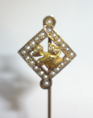 Antique 14K Yellow Gold Seed Pearl Moose Head Stick Pin Order of the ...