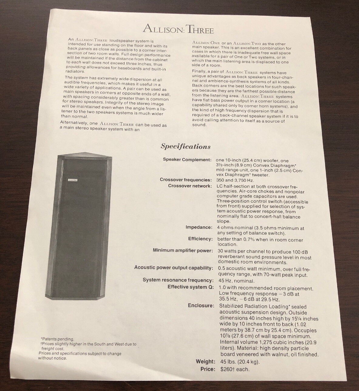 ALLISON:THREE SPEAKER SYSTEM ORIGINAL PRODUCT SPECS SHEET AD M398x | eBay