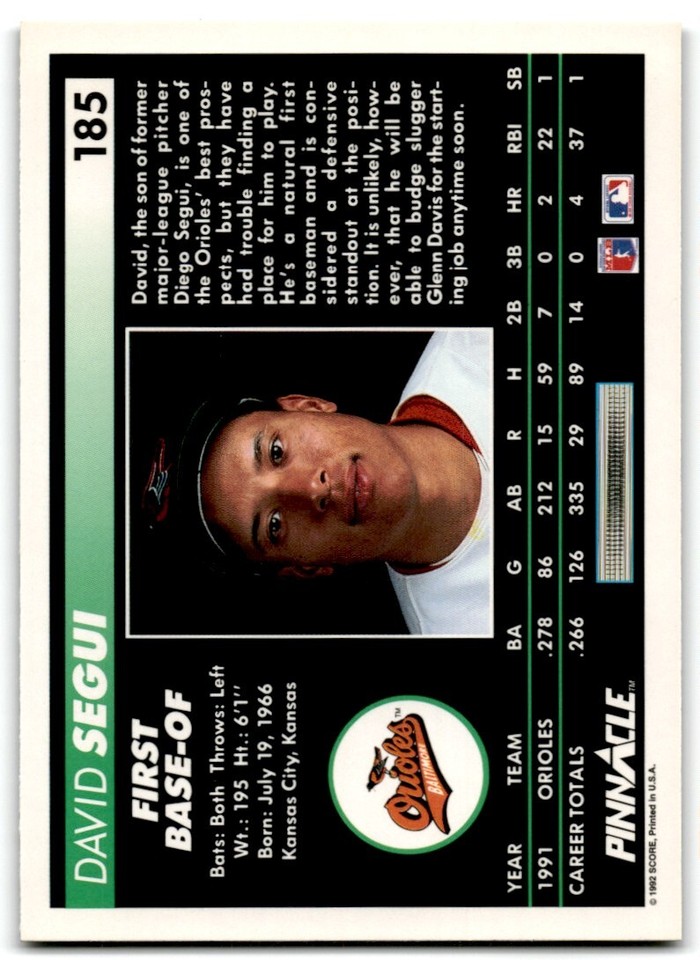 1992 Pinnacle David Segui Baltimore Orioles #185 | eBay